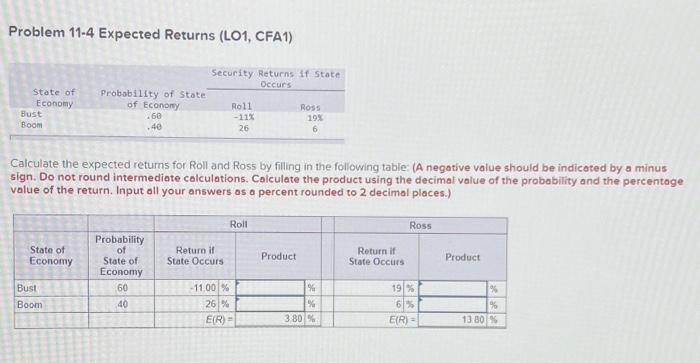 Solved Problem 11-4 Expected Returns (LO1, CFA1) Calculate | Chegg.com