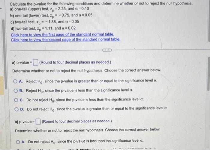 Solved Calculate the p-value for the following conditions | Chegg.com