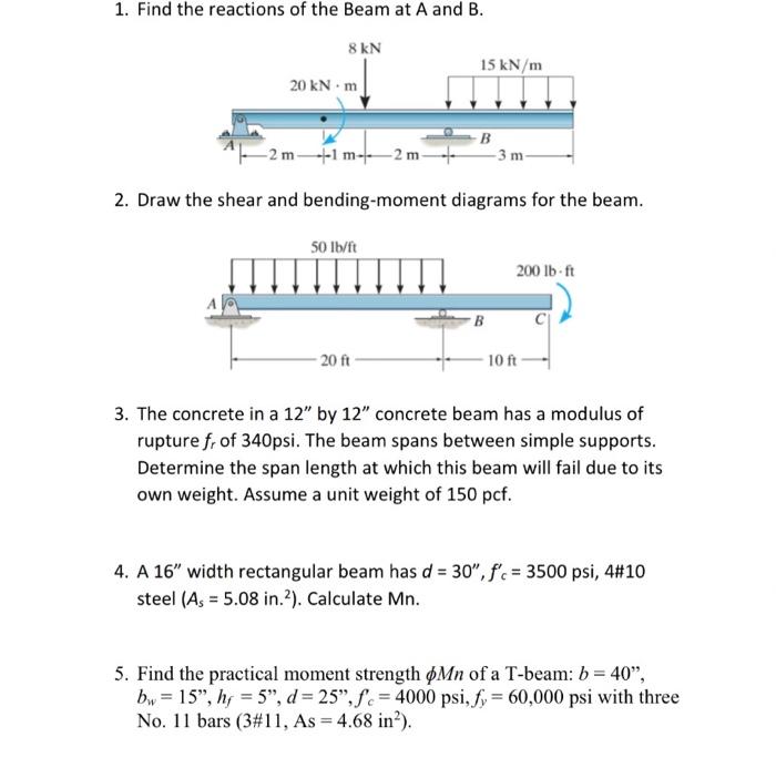 Solved 1. Find the reactions of the Beam at A and B. 2. Draw | Chegg.com