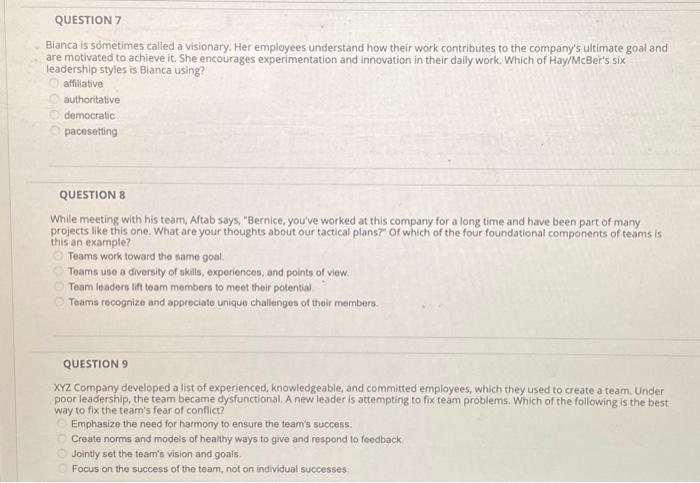 Solved Bianca is sómetimes called a visionary. Her employees | Chegg.com