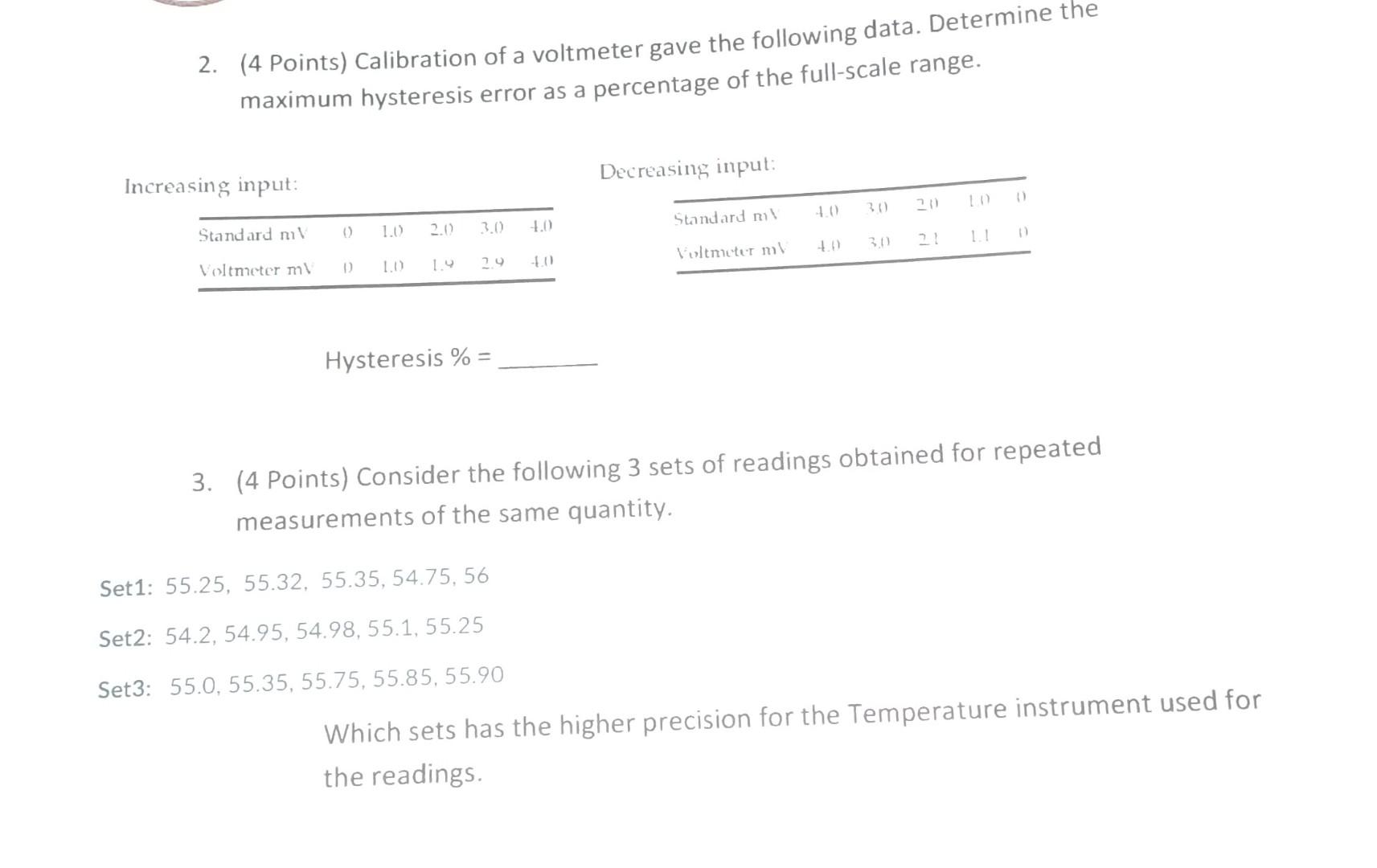 Solved 2. (4 Points) Calibration of a voltmeter gave the | Chegg.com