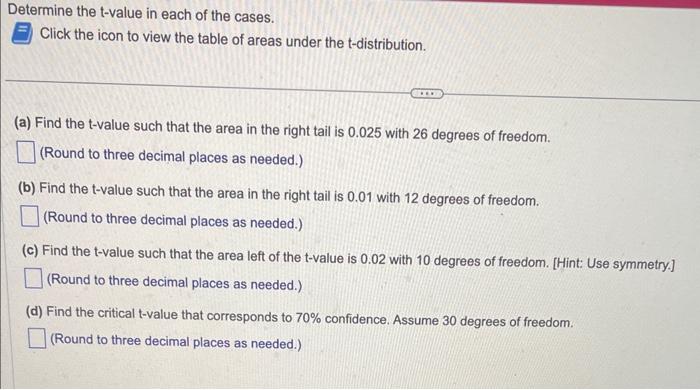 Solved Determine the t-value in each of the cases. Click the | Chegg.com