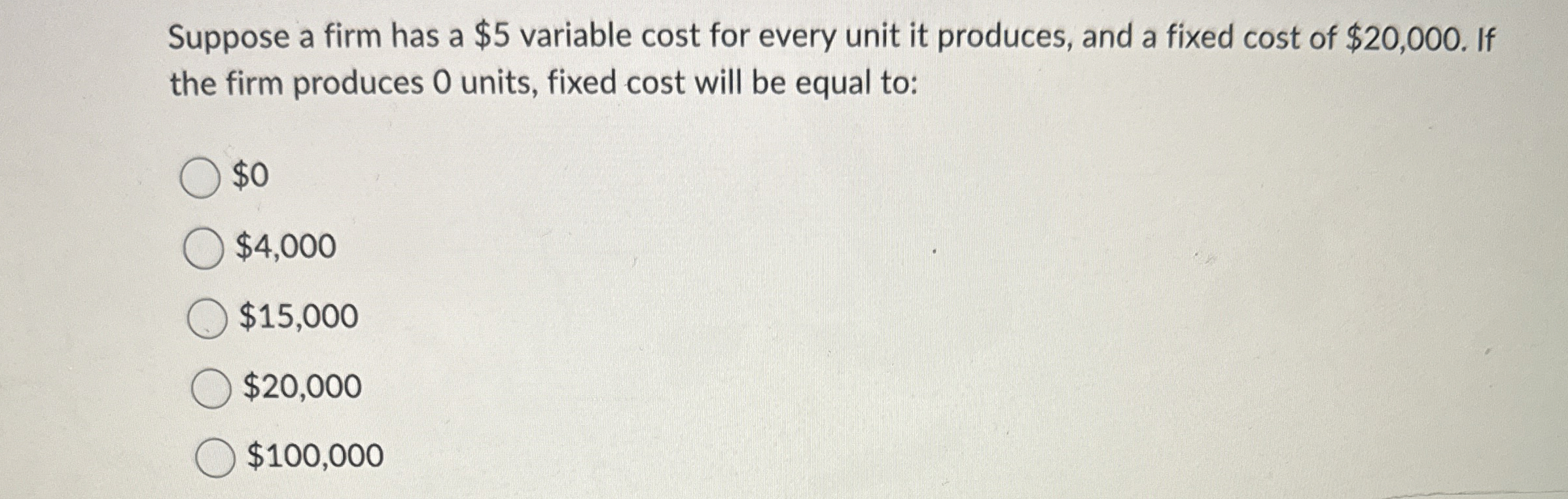 Solved Suppose a firm has a $5 ﻿variable cost for every unit | Chegg.com