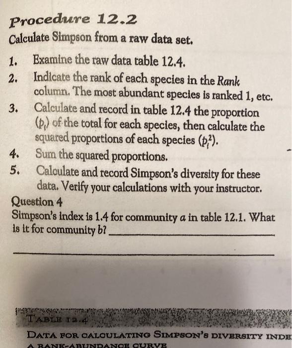 Procedure 12.2 Calculate Simpson from a raw data set. | Chegg.com Procedure 12.2 Calculate Simpson from a raw data set. | Chegg.com