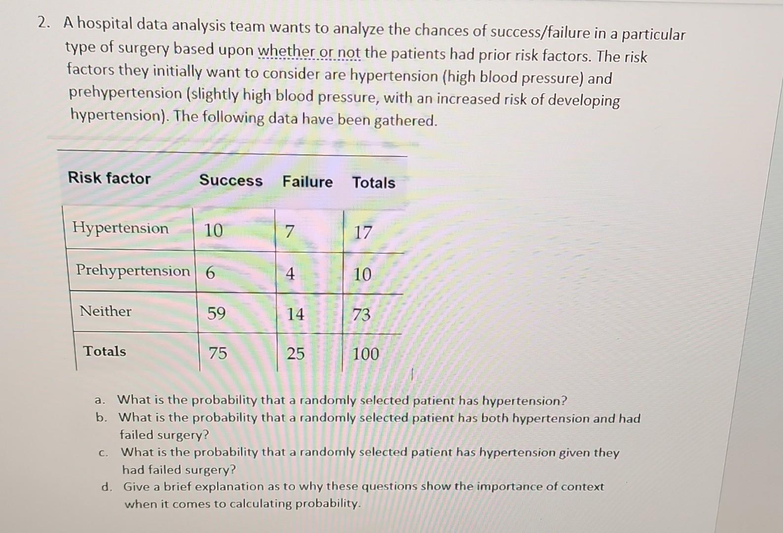 Solved A hospital data analysis team wants to analyze the | Chegg.com