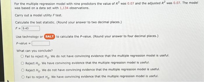 Solved For the multiple regression model with nine | Chegg.com
