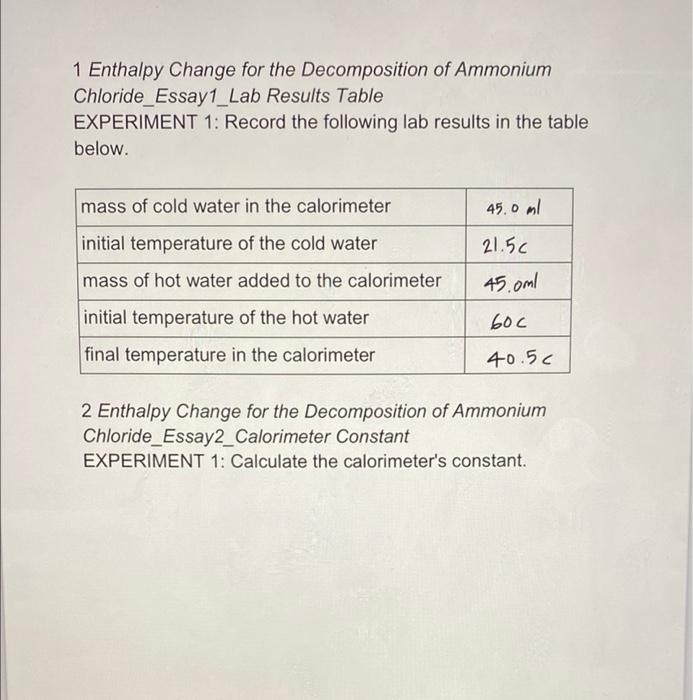 1 Enthalpy Change for the Decomposition of Ammonium | Chegg.com