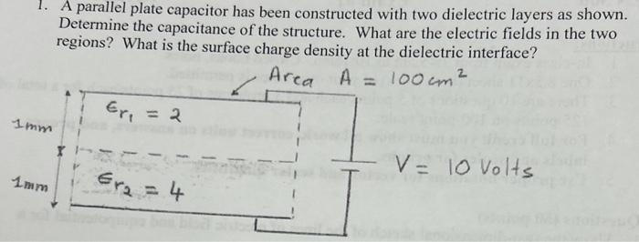 Solved 1. A parallel plate capacitor has been constructed | Chegg.com