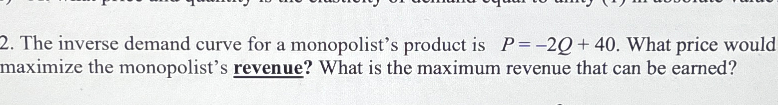 Solved The inverse demand curve for a monopolist's product | Chegg.com