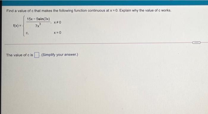 Solved Find a value of c that makes the following function | Chegg.com