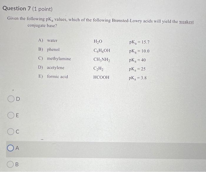Solved Question 7 (1 point) Given the following pK, values, | Chegg.com