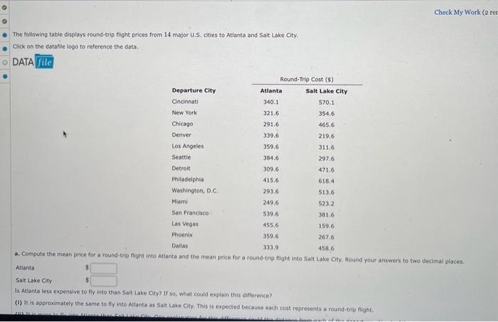 Solved The following table displays round-trip flight prices | Chegg.com