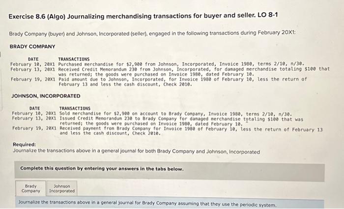 Solved Exercise 8.6 (Algo) Journalizing merchandising | Chegg.com