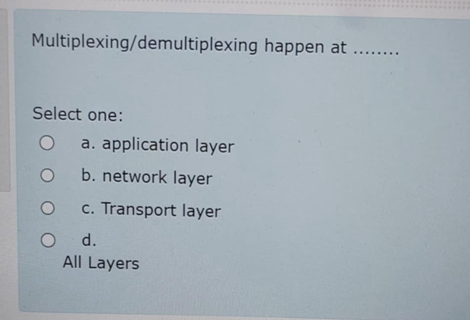 Solved Multiplexing/demultiplexing happen at q,Select one:a. | Chegg.com