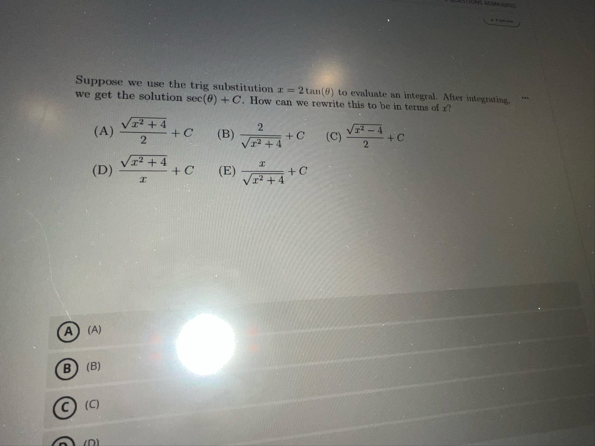 Solved Suppose we use the trig substitution x=2tan(θ) ﻿to | Chegg.com
