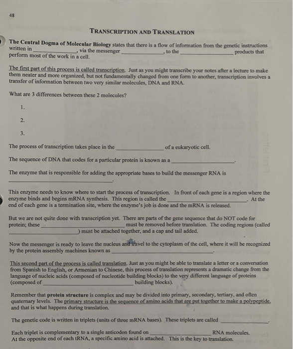 Solved TRANSCRIPTION AND TRANSLATION The Central Dogma of | Chegg.com