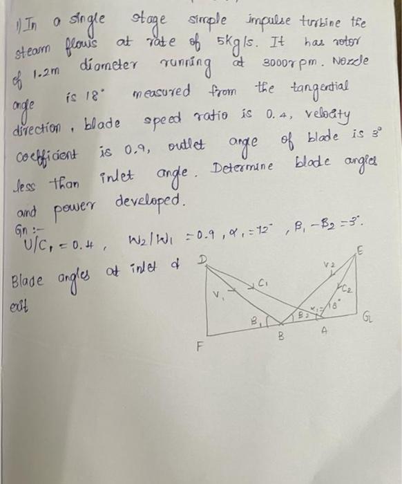 Solved 1) In a single stage simple impulse turbine the steam | Chegg.com
