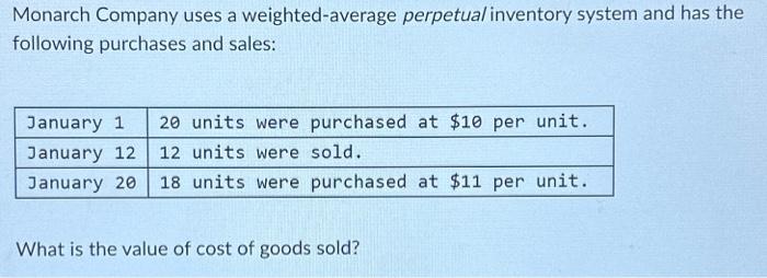 Solved Monarch Company uses a weighted-average perpetual | Chegg.com