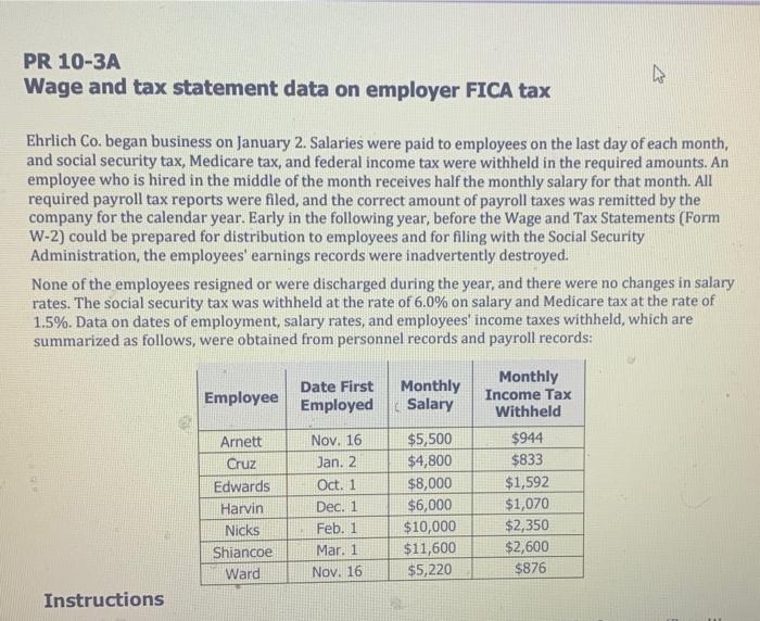 Solved PR 10-3A Wage and tax statement data on employer FICA | Chegg.com
