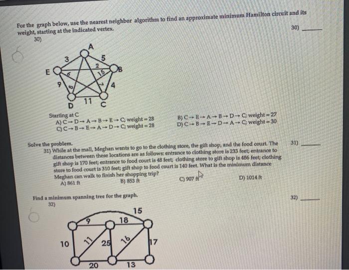 Solved For the graph below, use the nearest neighbor | Chegg.com