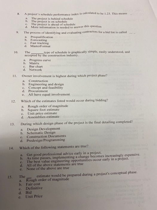 Solved 8. 9. 10. A project's schedule performance index is | Chegg.com