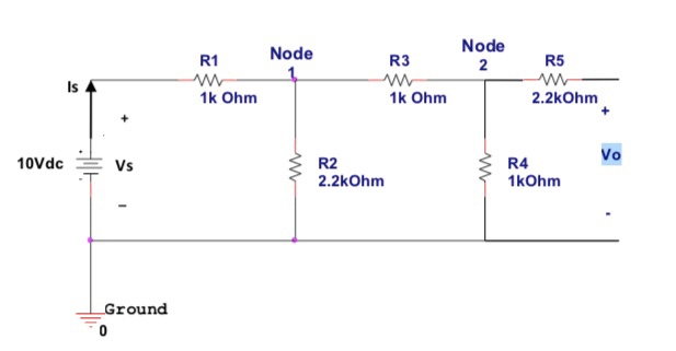 Solved Node Node R1 R3 R5 w 1k Ohm 1k Ohm 2.2kOhm 10Vdc vs | Chegg.com