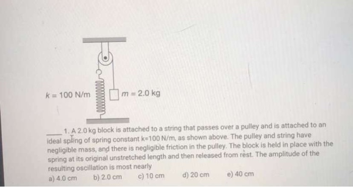 Solved k = 100 N/m m = 2.0 kg 1. A 2.0 kg block is attached | Chegg.com