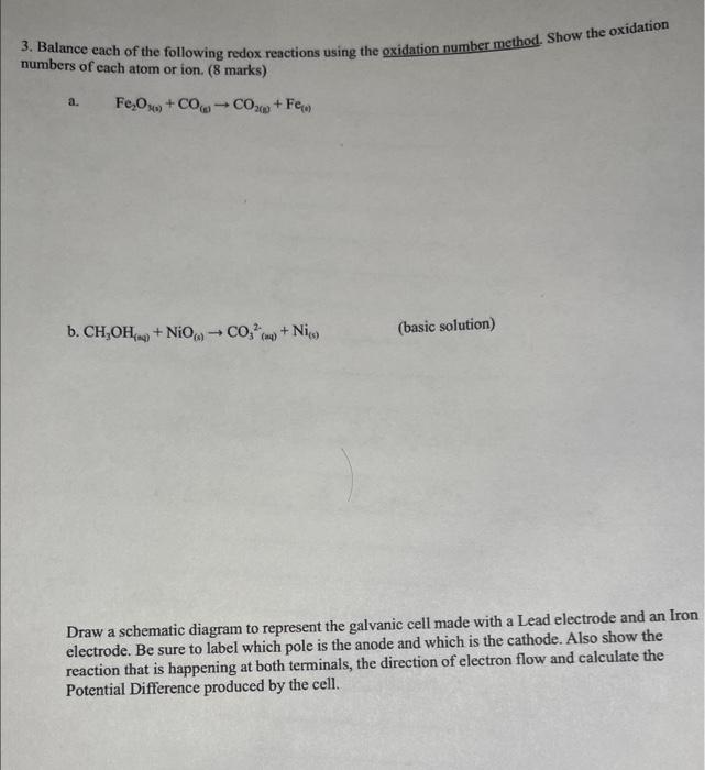 Solved 3. Balance each of the following redox reactions | Chegg.com
