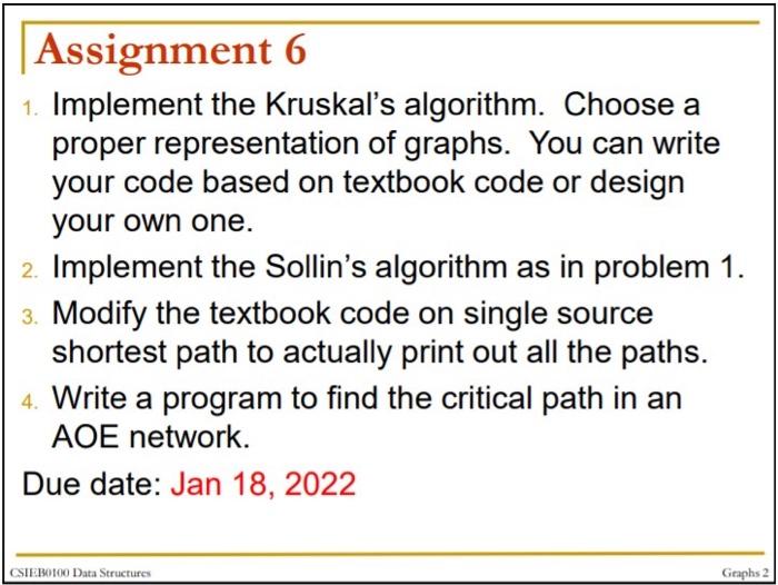 Solved Assignment 6 1. Implement the Kruskal's algorithm. | Chegg.com