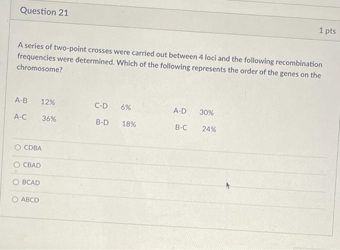 Solved Question 21 1 pts A series of two-point crosses were | Chegg.com