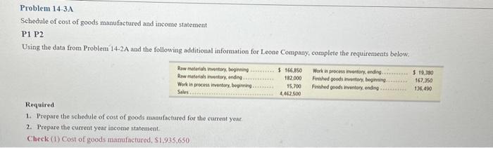 Problem 14-3A Schedule of cost of goods manufactured | Chegg.com