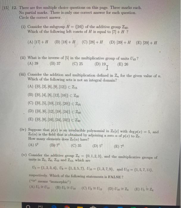 Solved 151 12. There are five multiple choice questions on | Chegg.com