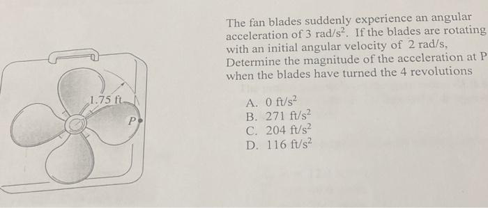 Solved The fan blades suddenly experience an angular | Chegg.com