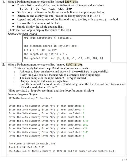 Solved 1. Write a Python program to create a list (named | Chegg.com