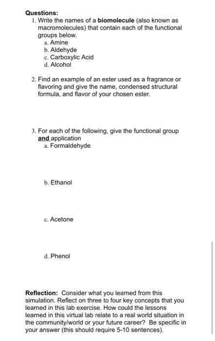 Solved Questions: 1. Write the names of a biomolecule (also | Chegg.com