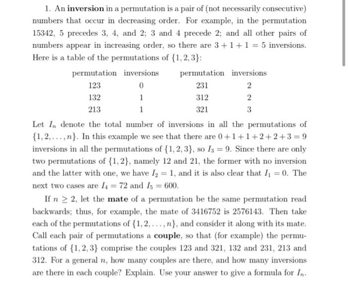 Solved 1 An Inversion In A Permutation Is A Pair Of Not