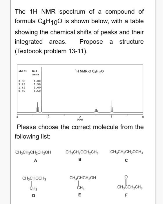 Solved The 1H NMR spectrum of a compound of formula C4H10O | Chegg.com
