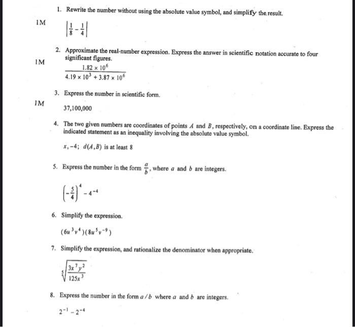 Solved 1. Rewrite the number without using the absolute | Chegg.com