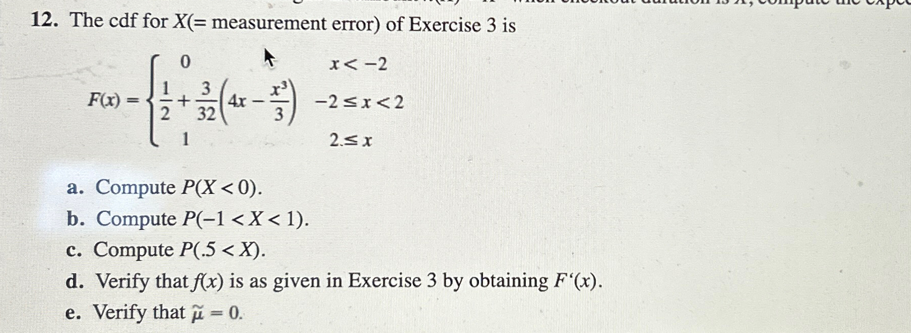 The cdf for x (= ﻿measurement error) ﻿of Exercise 3 | Chegg.com