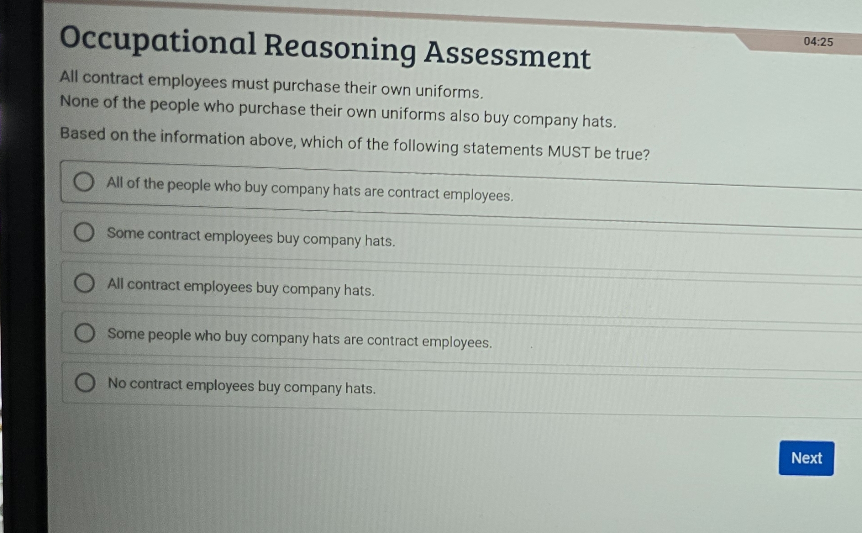 Solved Occupational Reasoning Assessment04:25All contract | Chegg.com