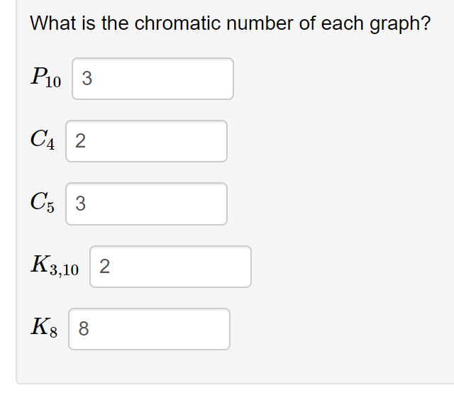 Solved What is the chromatic number of each | Chegg.com