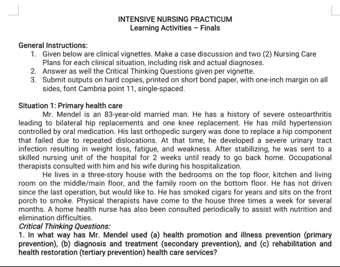 INTENSIVE NURSING PRACTICUM Learning Activities - | Chegg.com