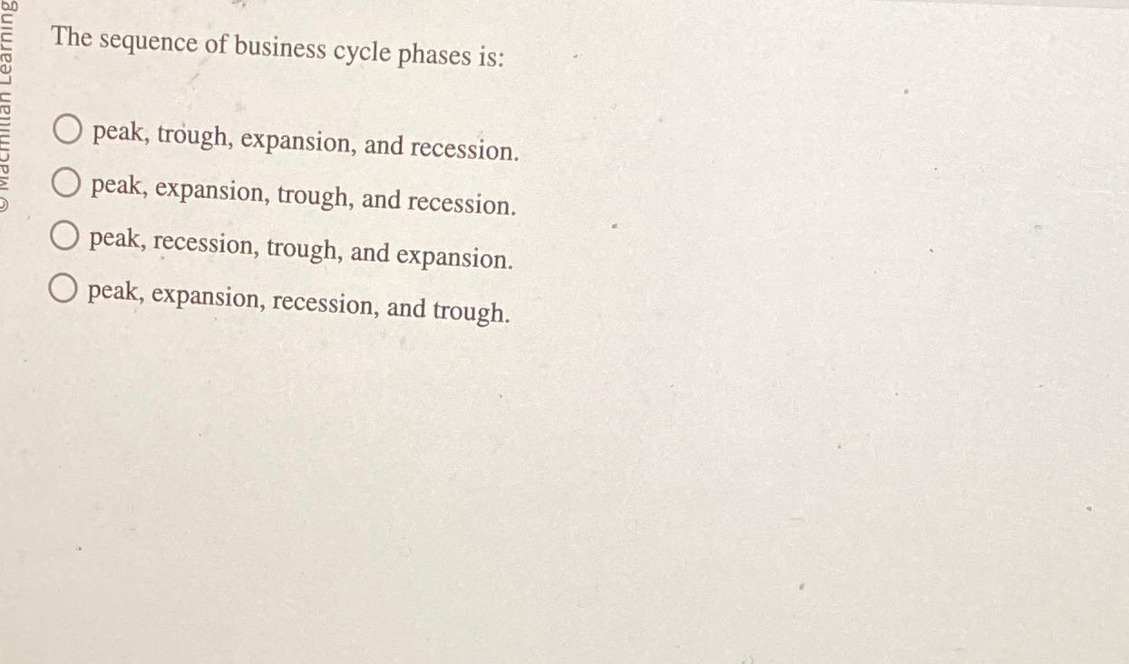 Solved The sequence of business cycle phases is:peak, | Chegg.com