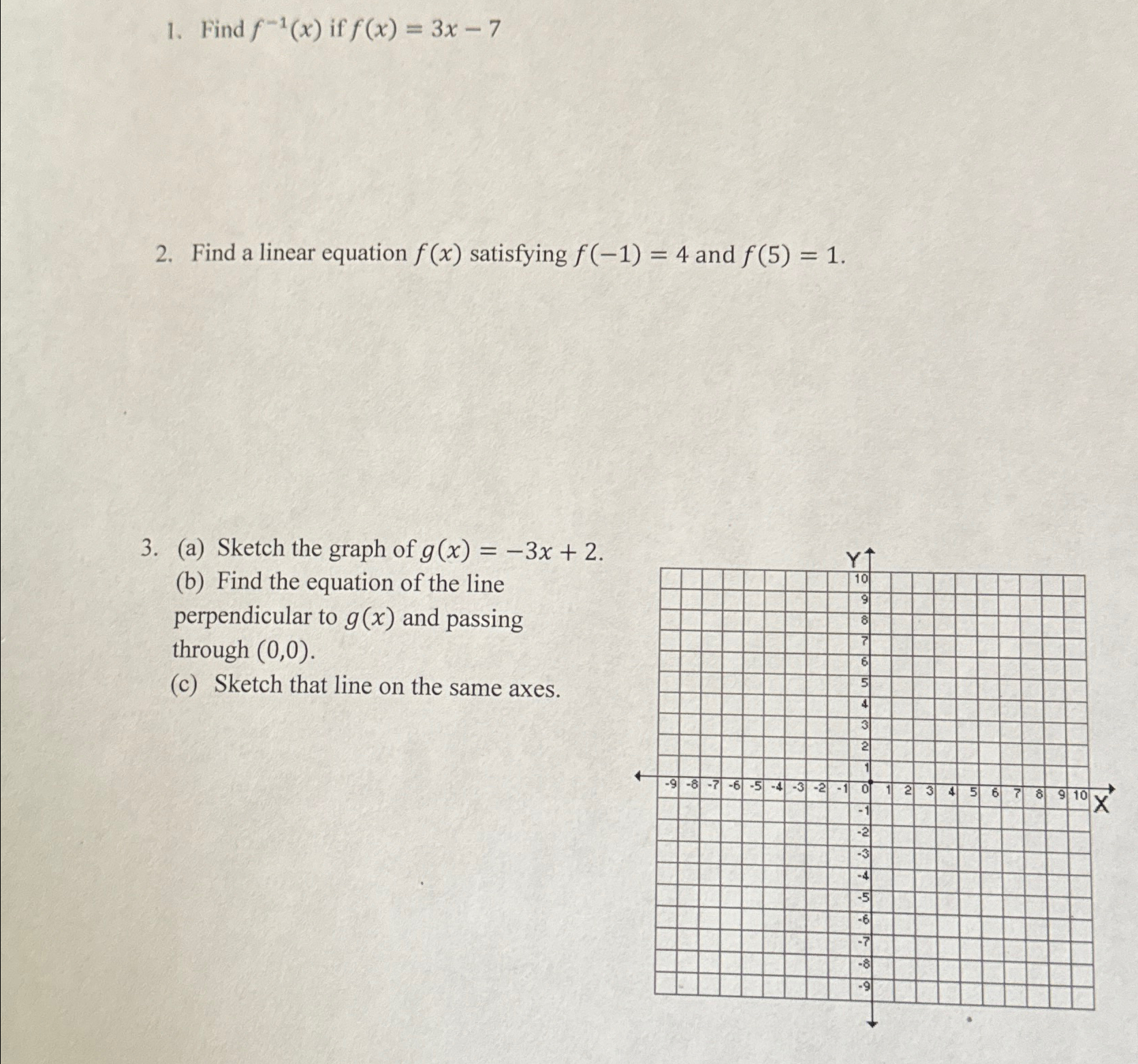 Solved Find f-1(x) ﻿if f(x)=3x-7Find a linear equation f(x) | Chegg.com