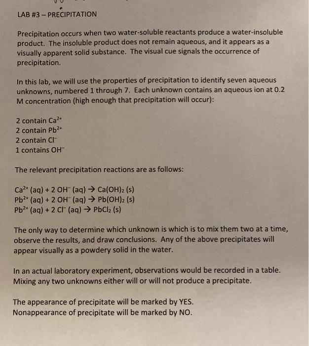 LAB #3 - PRECIPITATION Precipitation occurs when two | Chegg.com