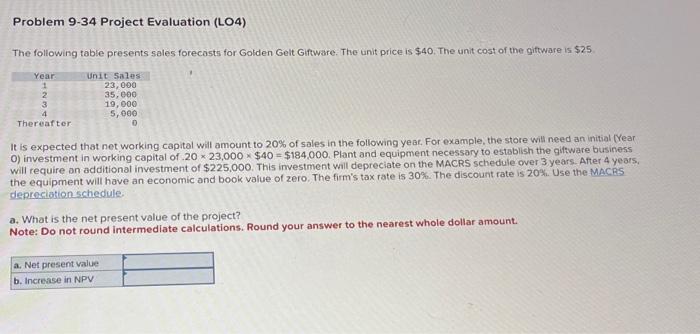 Solved Problem 9-34 Project Evaluation (LO4) The following | Chegg.com