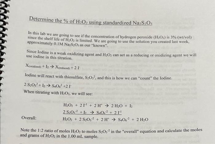 Solved Determine the % of H2O2 using standardized Na2S2O3 In | Chegg.com