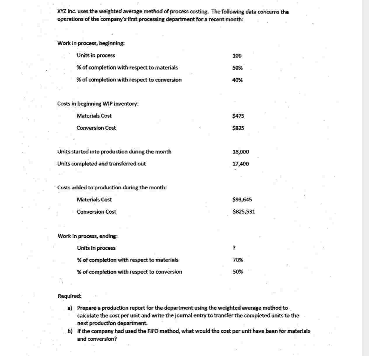 Solved by an EXPERT XYZ Inc. uses the weighted average method of process | Chegg.com