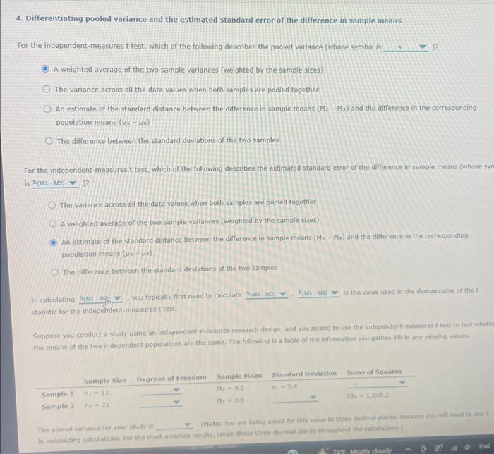 4. Differentiating pooled variance and the estimated | Chegg.com