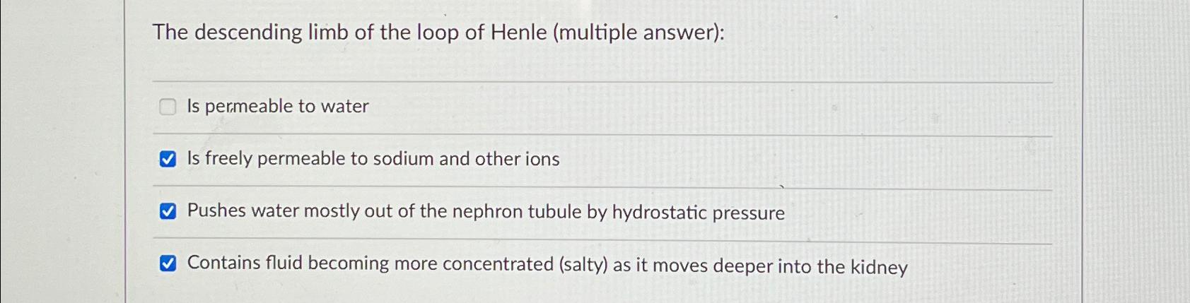 Solved The descending limb of the loop of Henle (multiple | Chegg.com